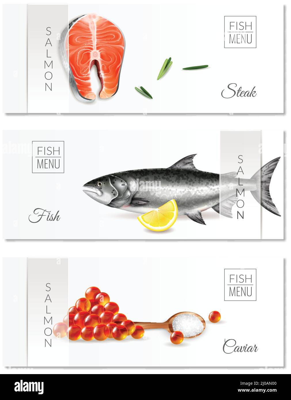 Realistic set of three horizontal banners with fish menu salmon steaks ...