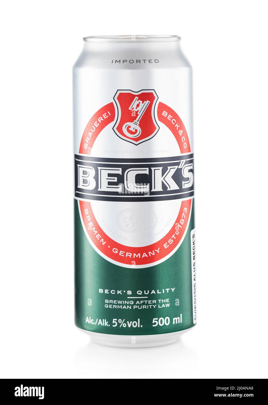 LONDON,UK - FEBRUARY 10,2022: Becks imported german premium lager beer ...