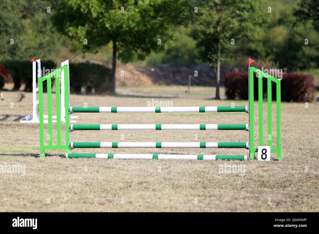 Show jumping poles obstacles, barriers, waiting for riders on show ...