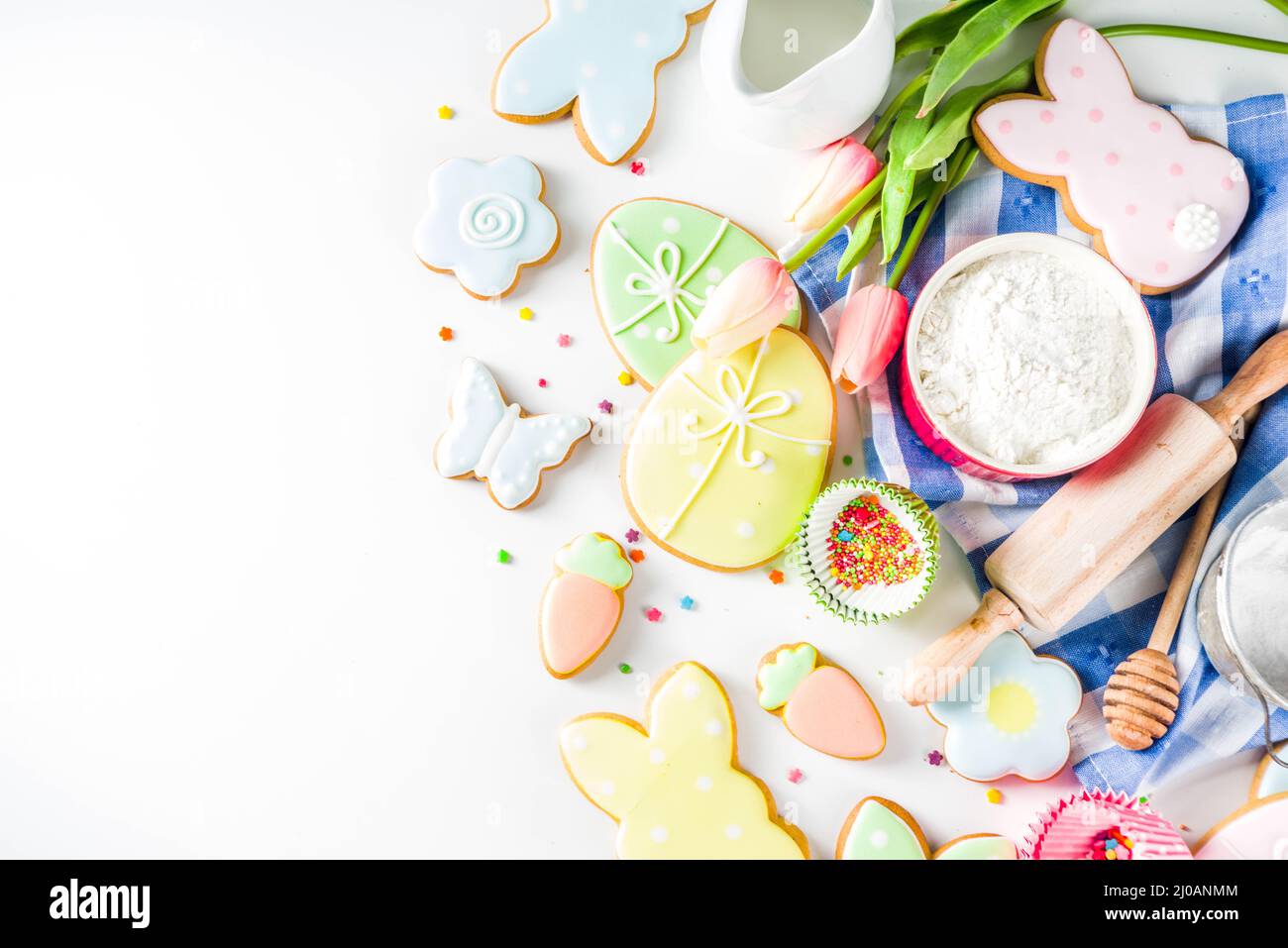 Sweet Easter baking cooking background with traditional Easter bunny ...