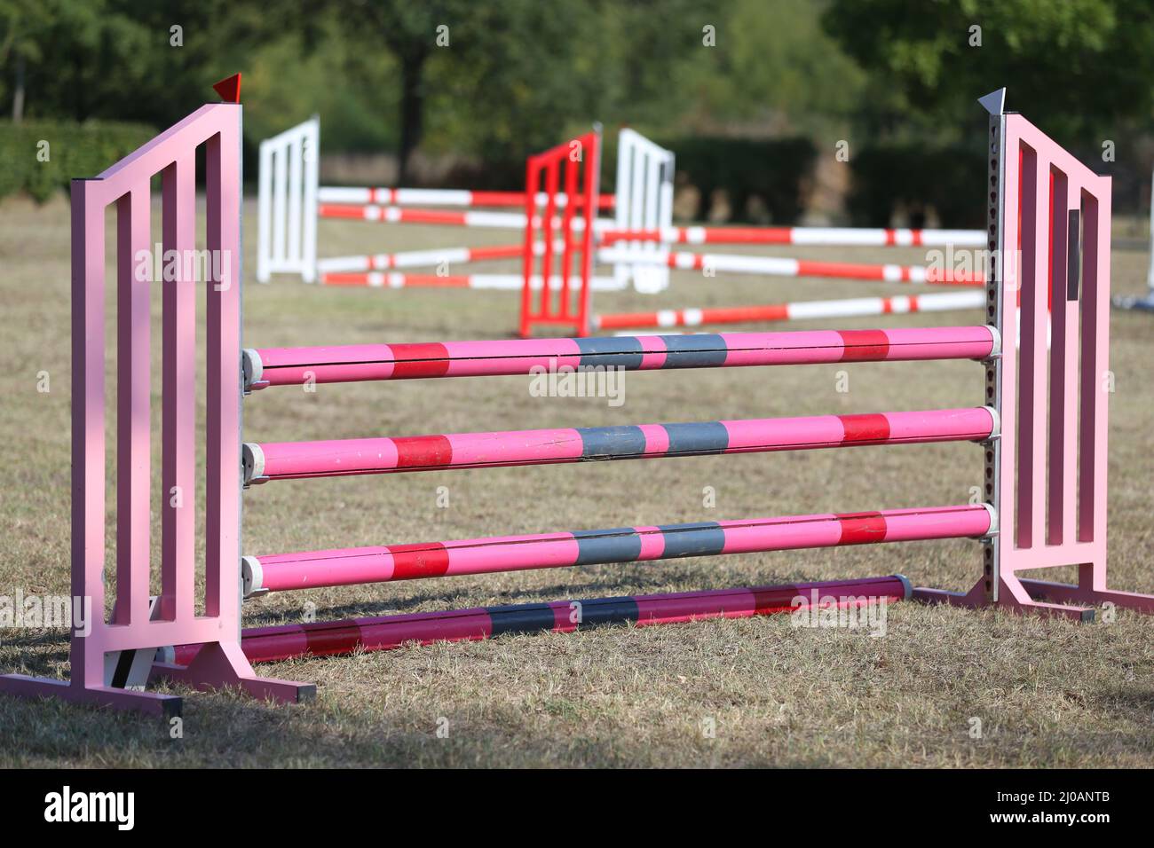 Show jumping poles obstacles, barriers, waiting for riders on show ...