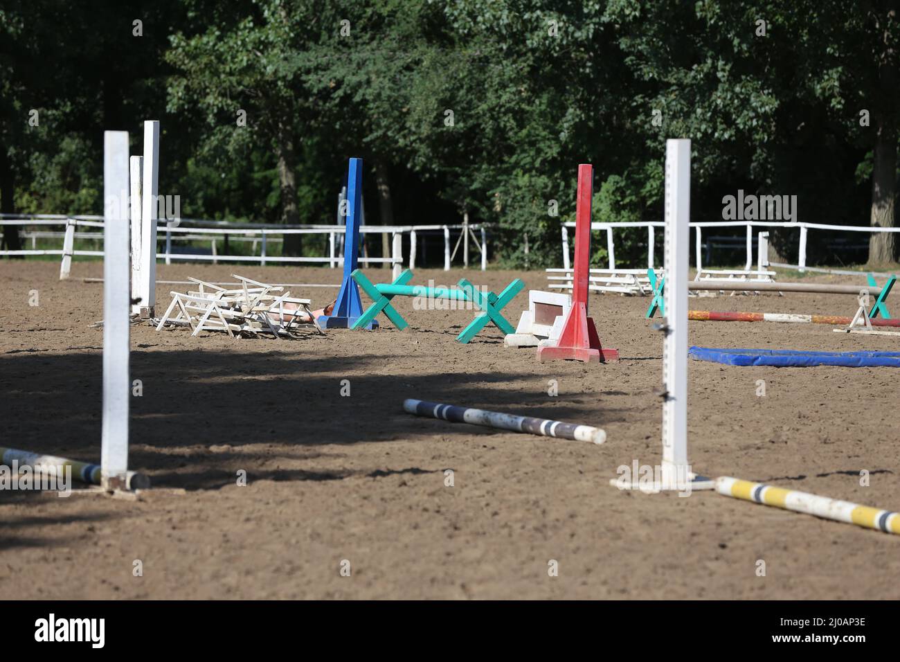 Show jumping poles obstacles, barriers, waiting for riders on show ...