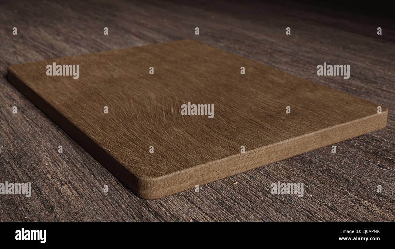 Empty wooden food plate on a table - side view. Template design ...