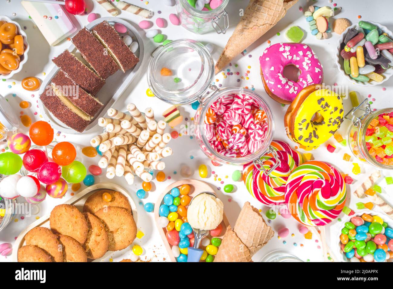 Selection of colorful sweets. Set of various candies, chocolates ...