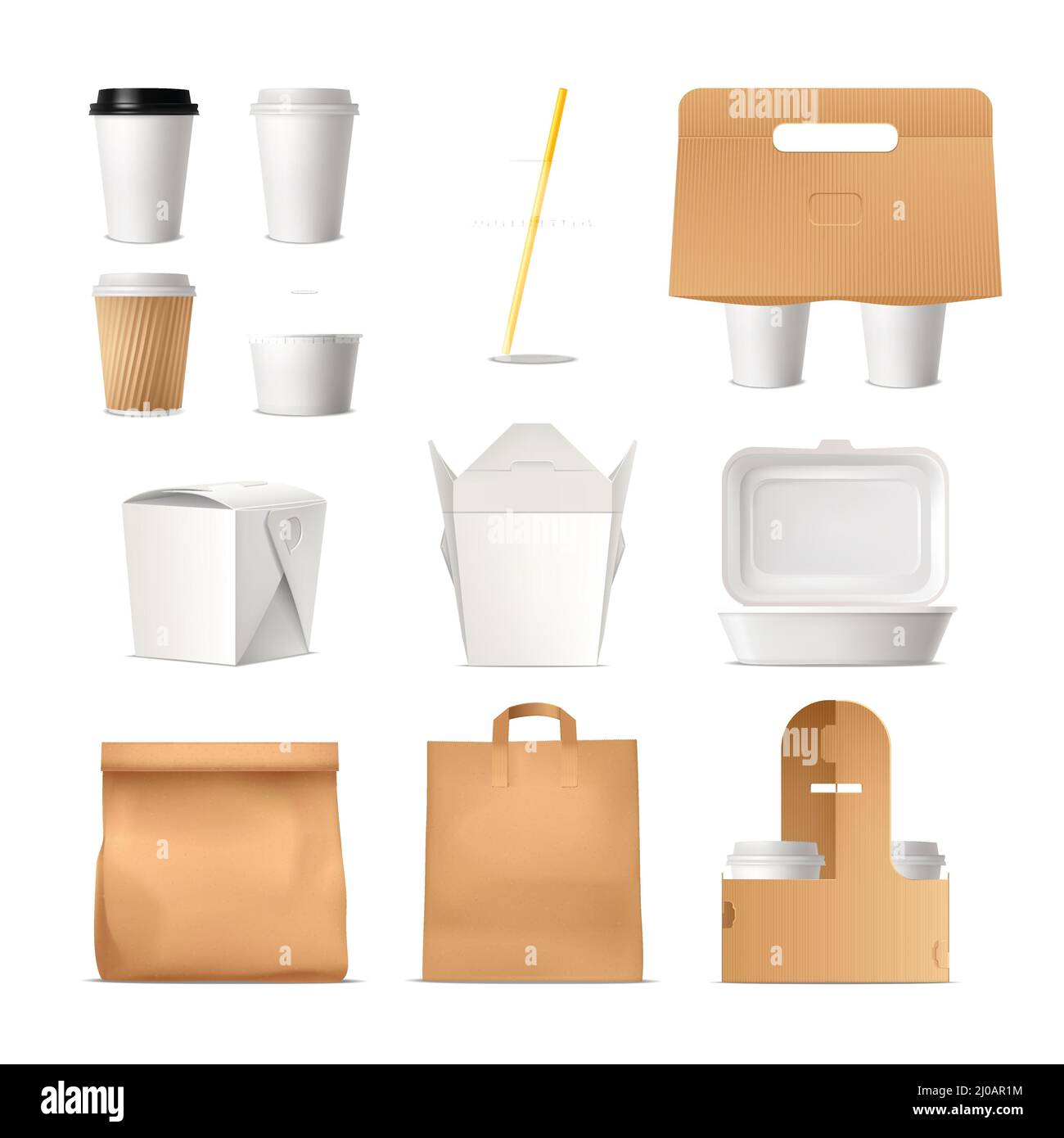 Realistic set of takeout fast food package made of paper and plastic ...