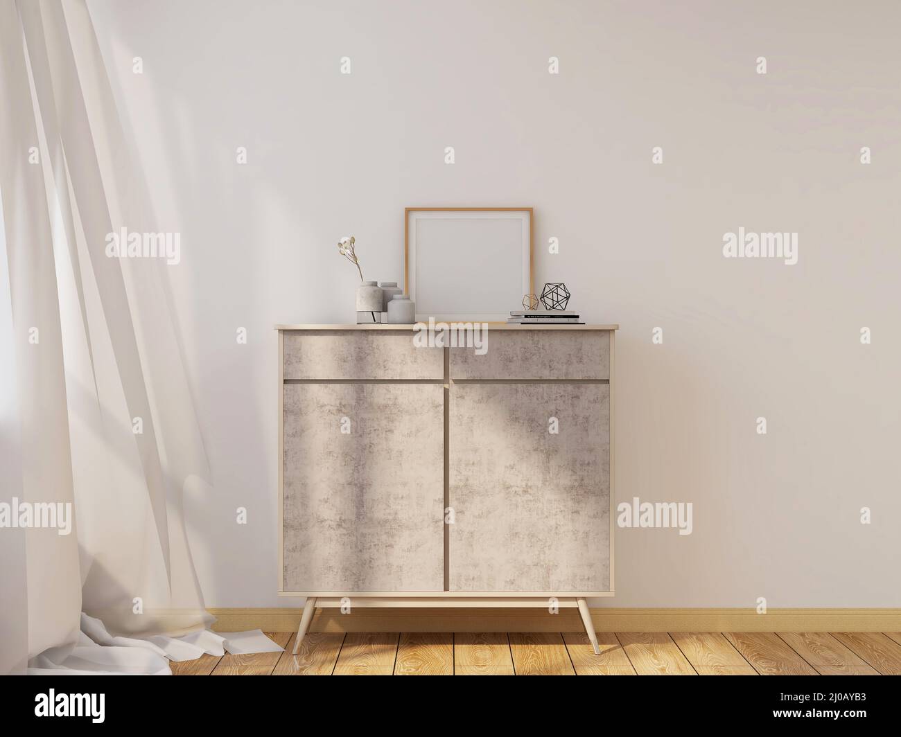 Mockup room with modern cabinet, small frame, objects, and drapes. 3d ...