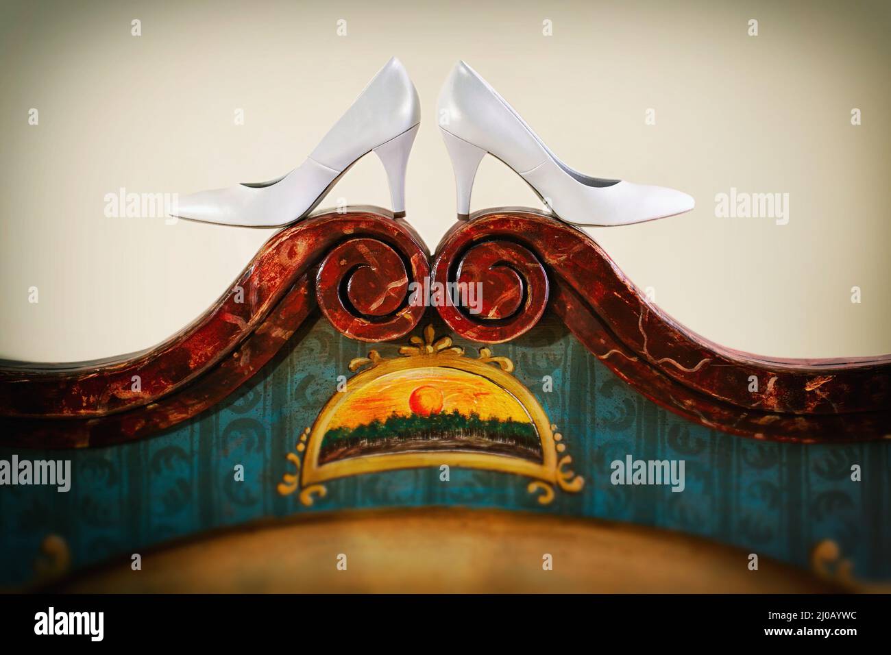 Elegant white wedding shoes built on a wooden frame double beds Stock ...