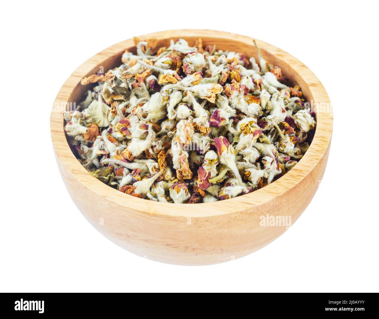 Flower tea. Dried of apple blossom in wooden bowl isolated on white ...