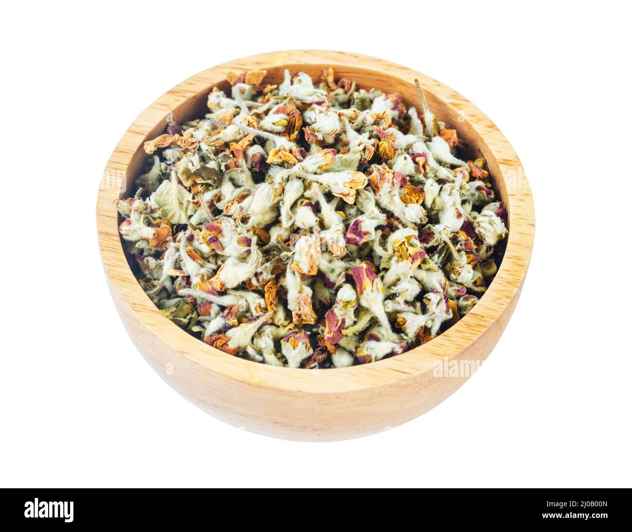 Flower tea. Dried of apple blossom in wooden bowl isolated on white ...