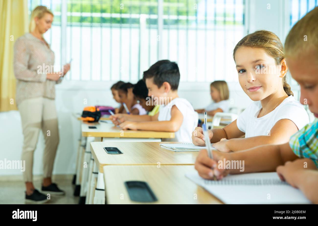 School girl working at lesson in classroom Stock Photo - Alamy