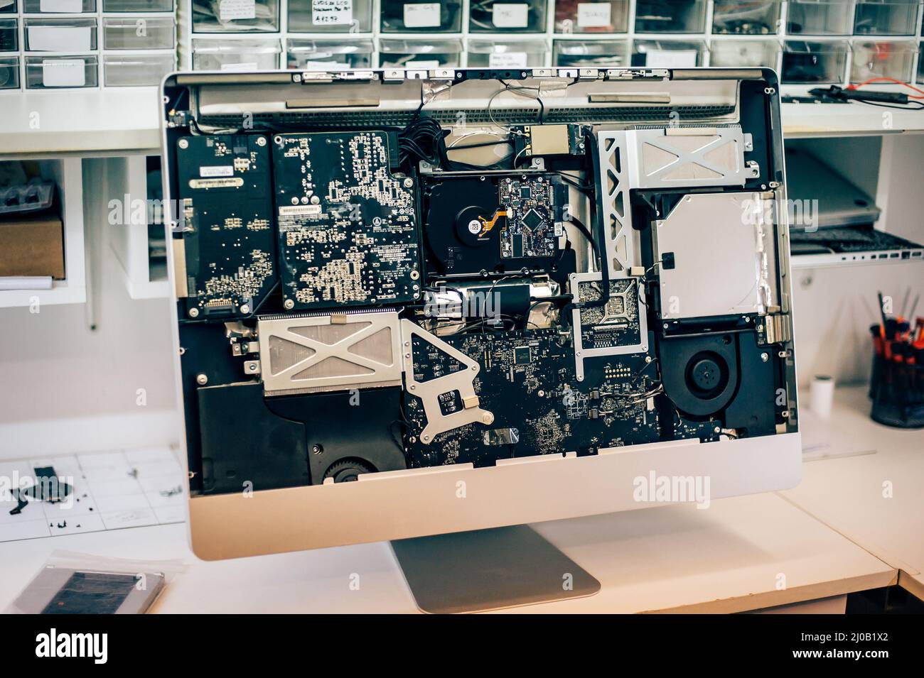 Closeup of faulty electric in computer monitor in electr device ...