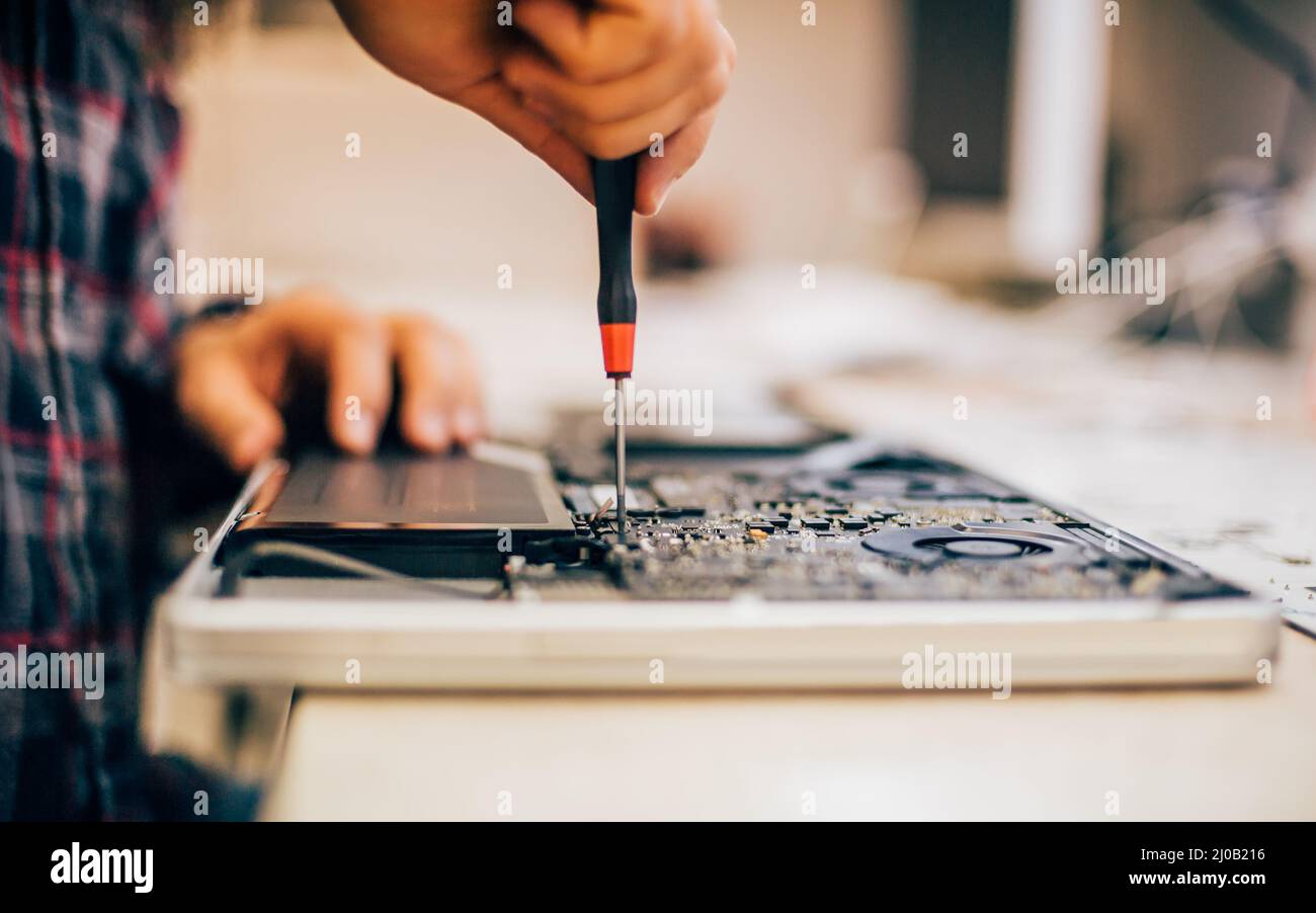 Closeup of electrician engineer technician repair faulty electric in ...