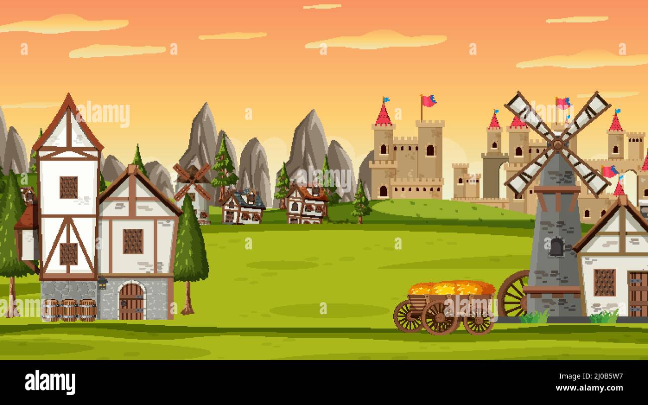 Medieval town scene in cartoon style illustration Stock Vector Image ...
