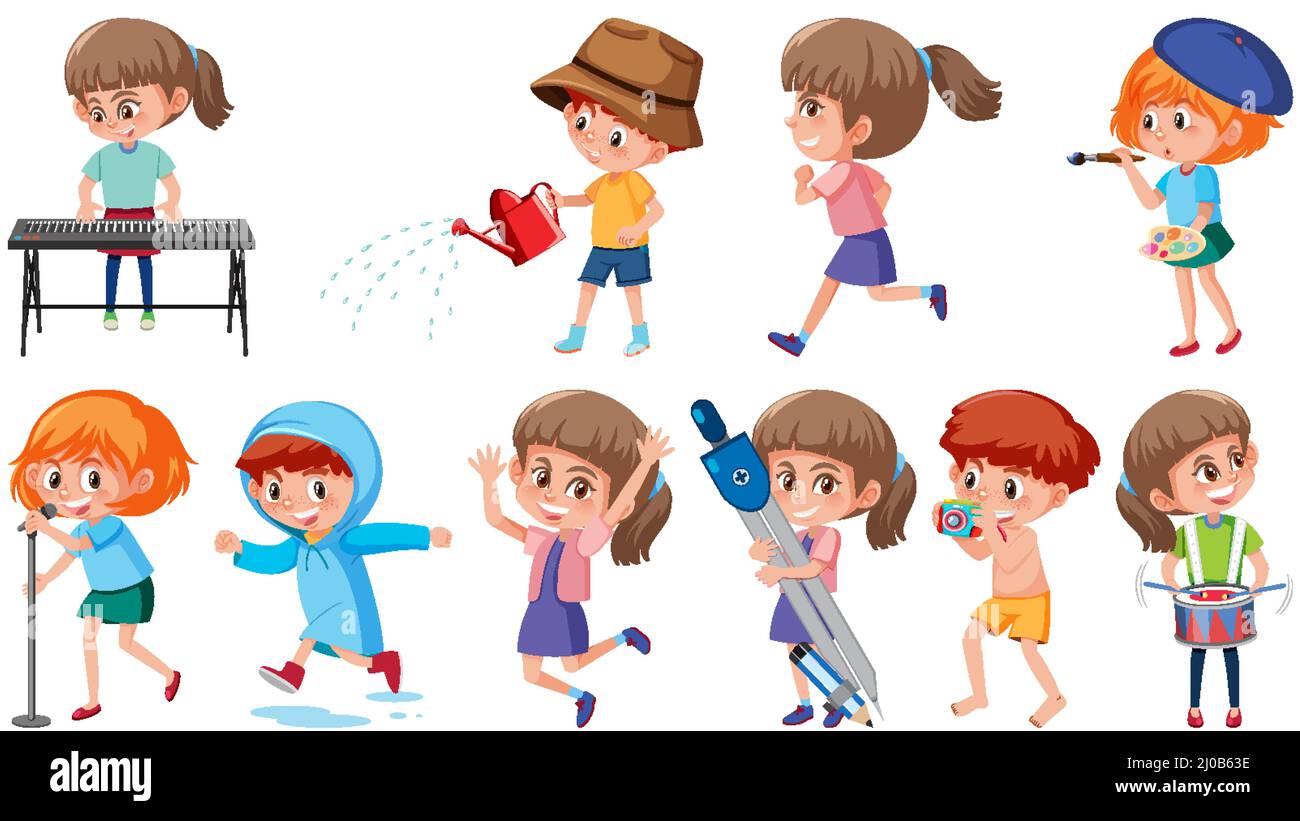 Set of children doing different activities on white background ...
