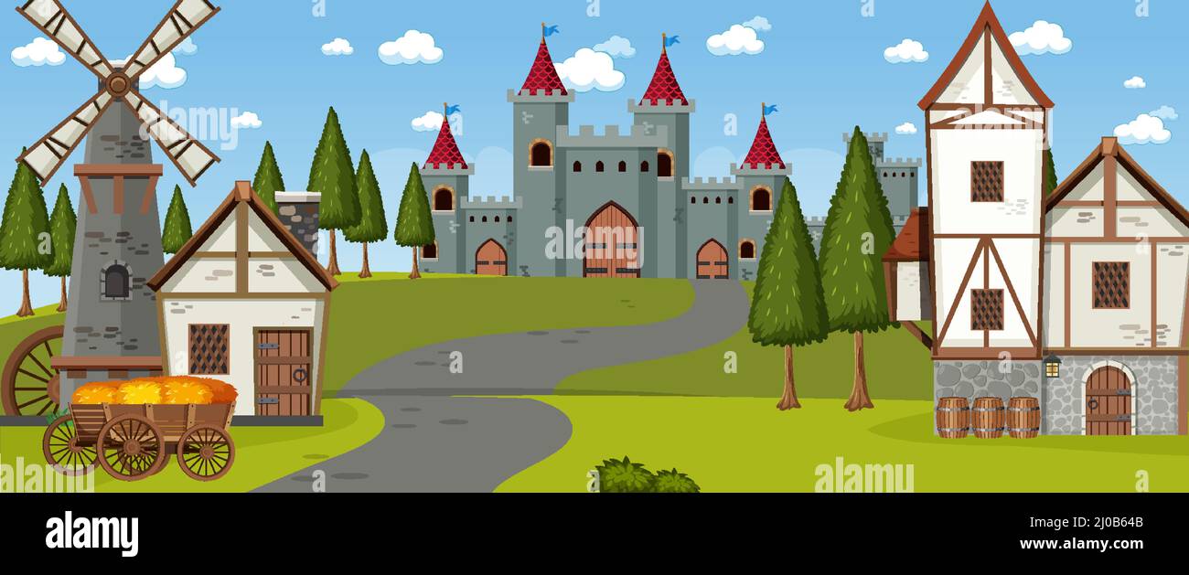 Landscape scene with medieval town illustration Stock Vector Image ...