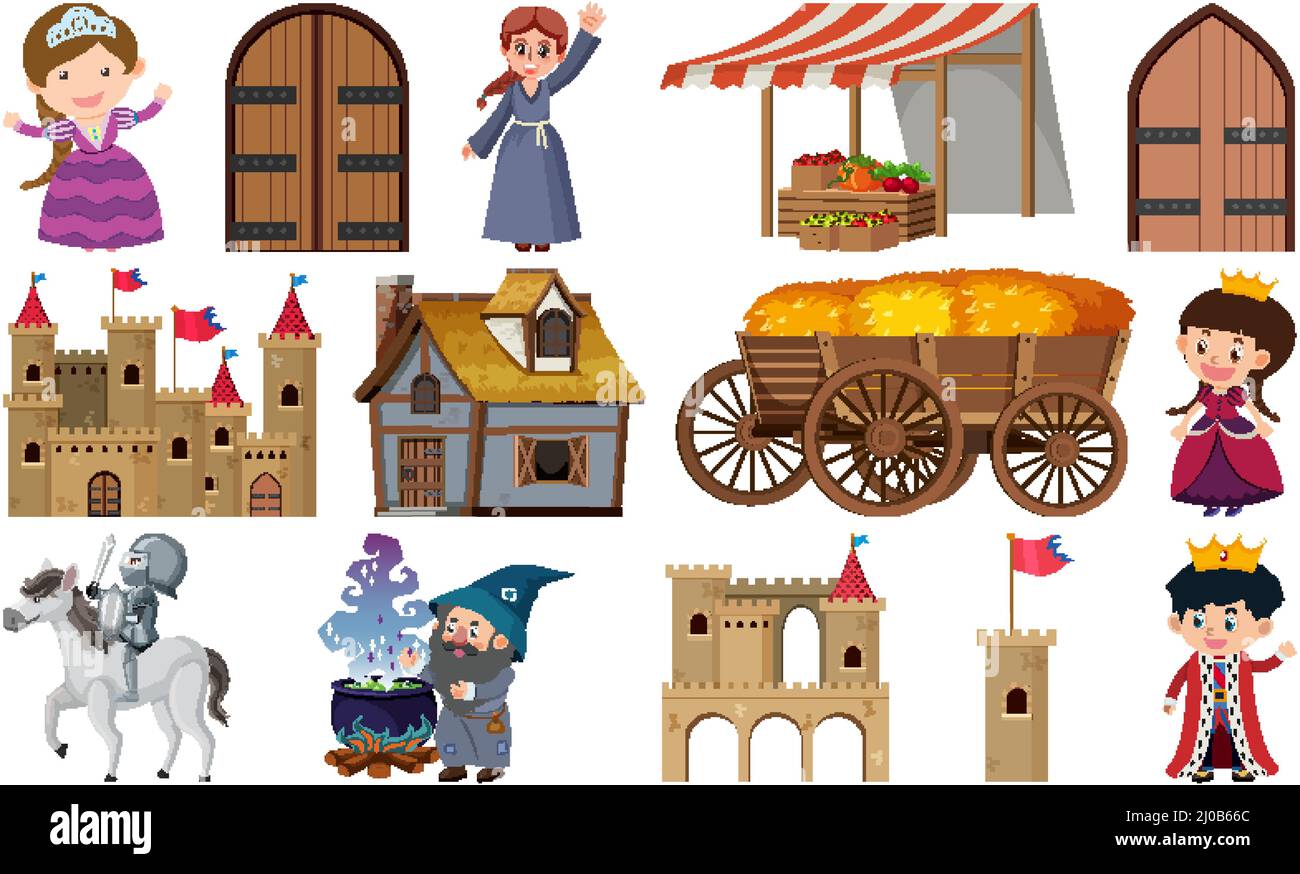 Medieval characters buildings set illustration Stock Vector Image & Art ...