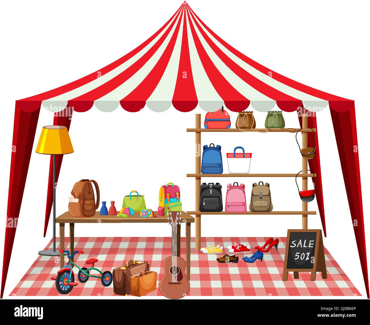 Flea market concept with second hand clothes shop illustration Stock ...