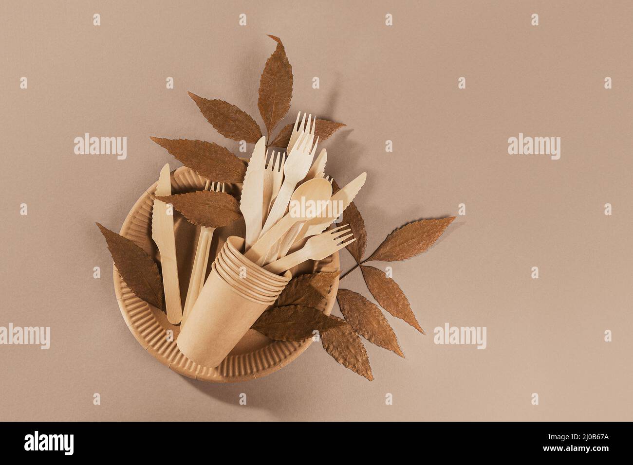 Disposable paper tableware. Cups, plates, wooden forks, knives, spoons ...