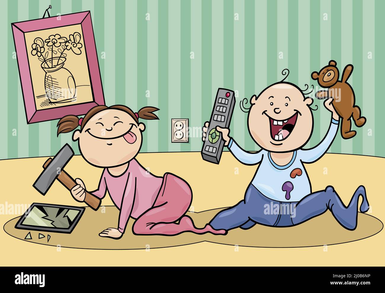 Cartoon illustration of baby girl and boy playing and making a mess ...