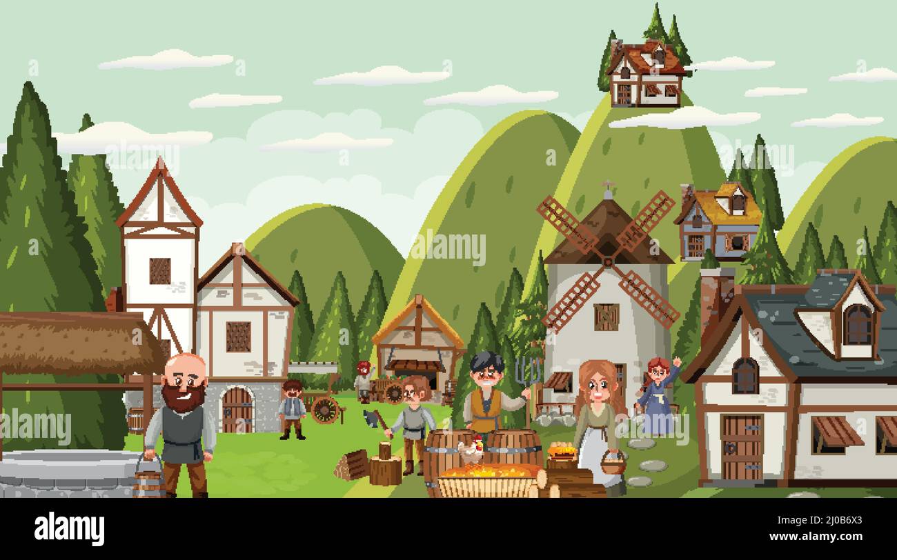 Medieval town scene with villagers illustration Stock Vector Image ...