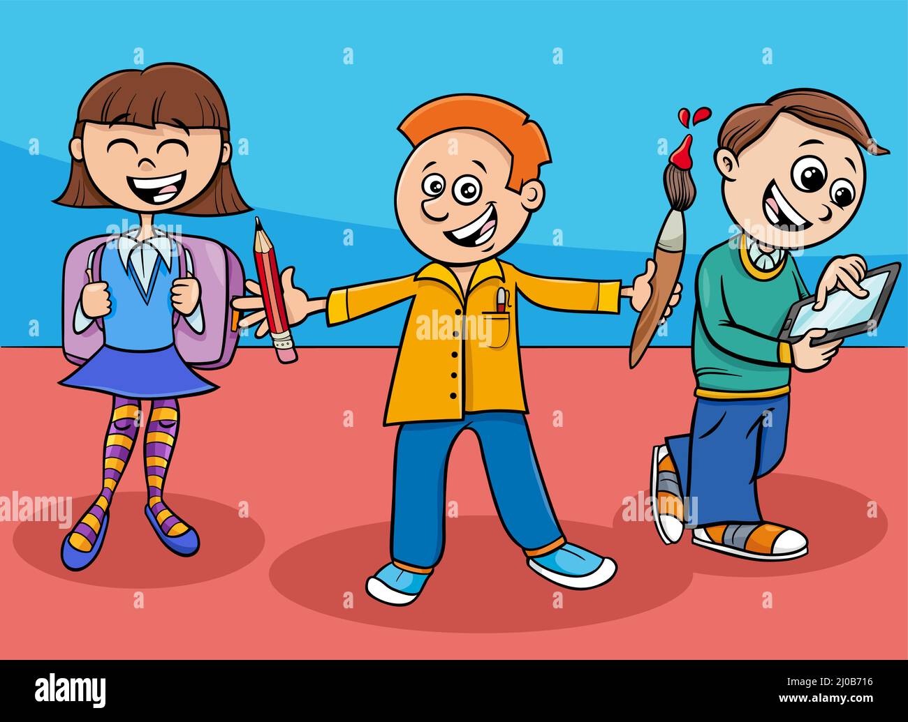 Cartoon illustration of elementary or teen age girl and boys pupils ...