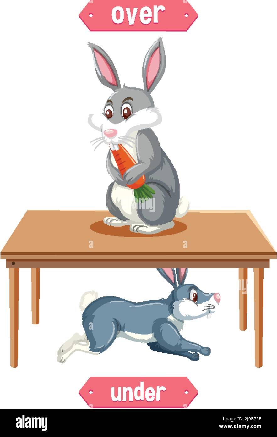 Preposition wordcard with rabbits and table illustration Stock Vector ...