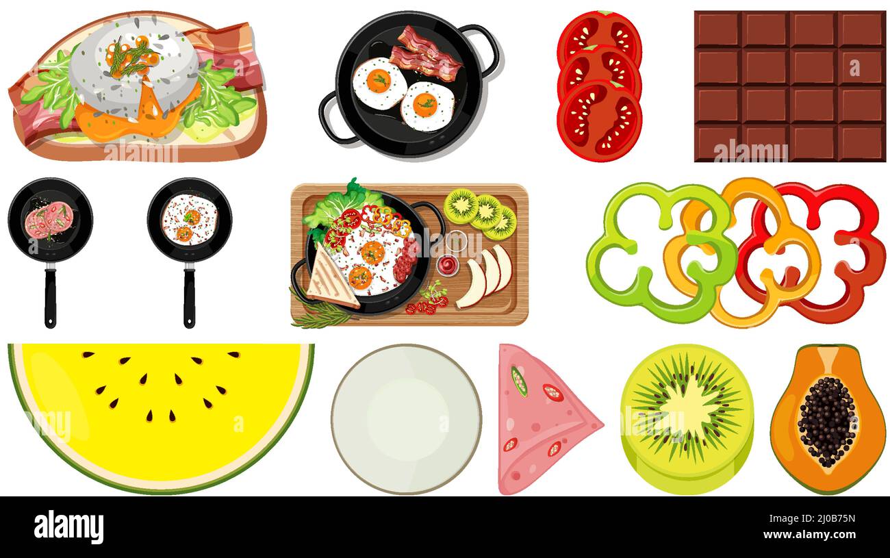 Collection of food ingredients on white background illustration Stock ...