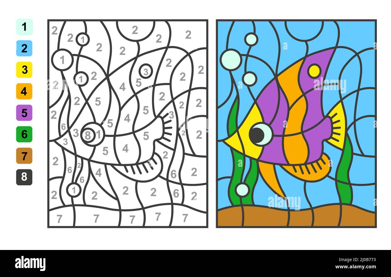 Color by numbers sea and ocean life. Puzzle game for children education ...