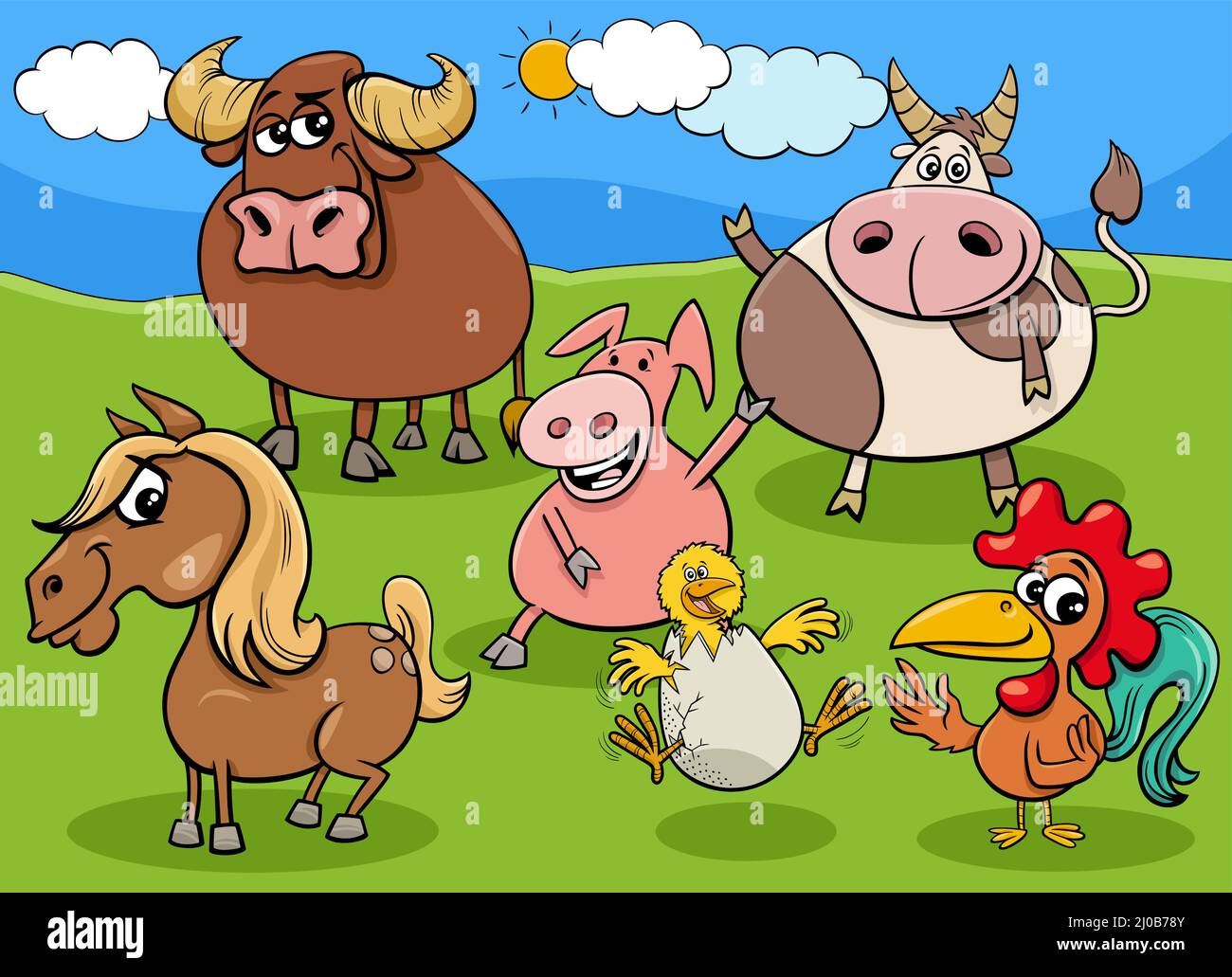 Cartoon illustration of farm animals characters group in the ...