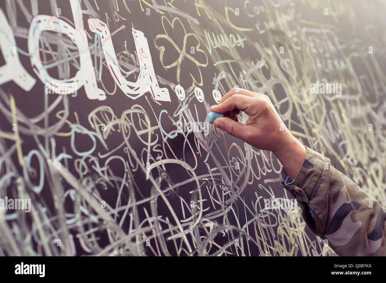 Hand writing with chalk on full filled board. Close up Stock Photo - Alamy