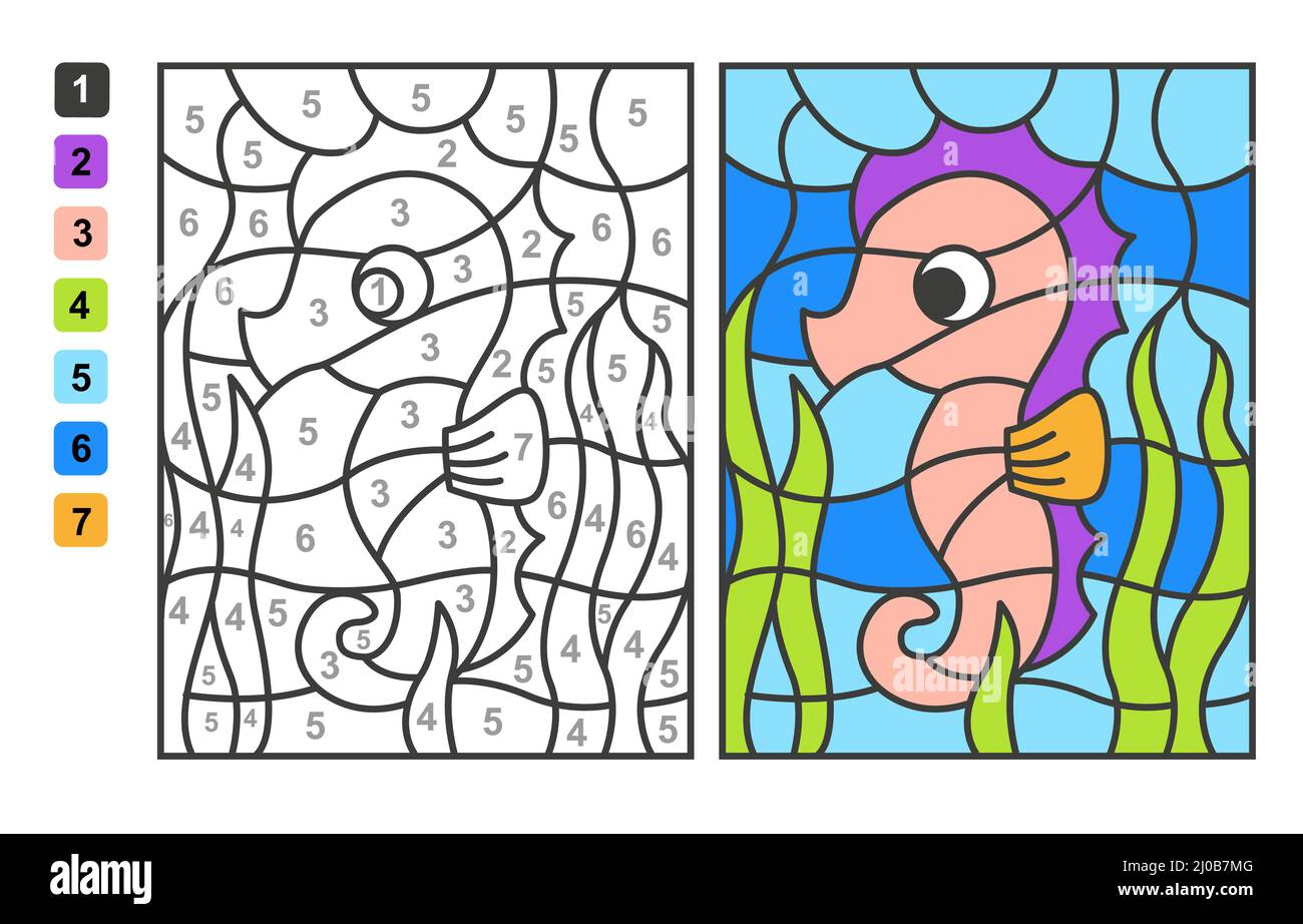 Color by numbers sea and ocean life. Puzzle game for children education ...
