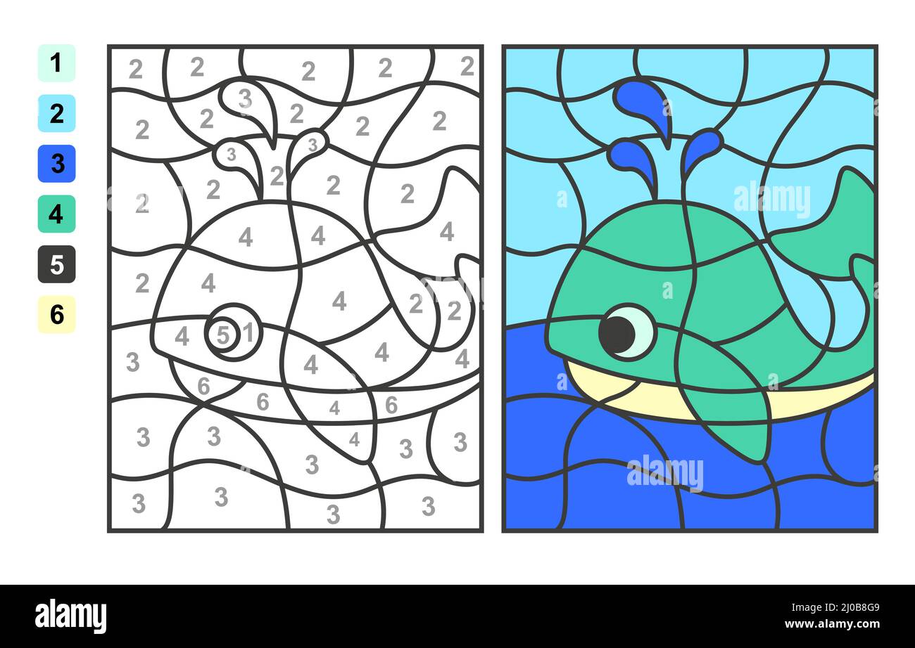 Color by numbers sea and ocean life. Puzzle game for children education ...