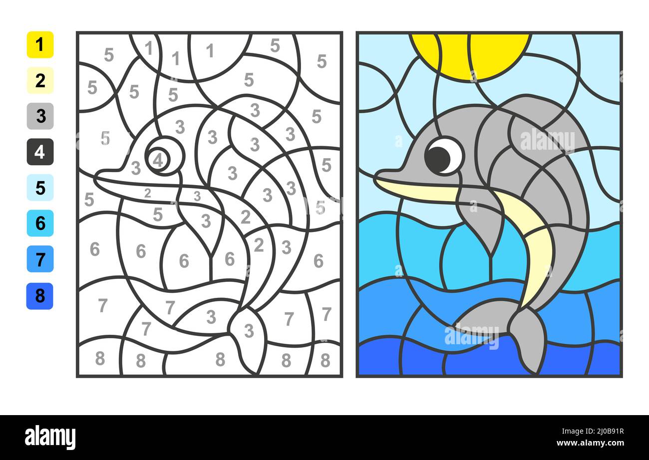 Color by numbers sea and ocean life. Puzzle game for children education ...