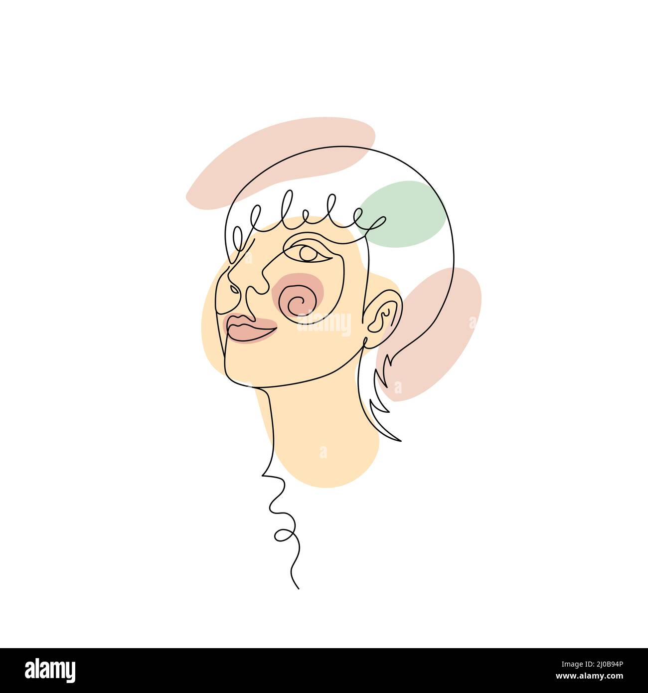 Female face single line drawing and pastel abstract shapes composition ...