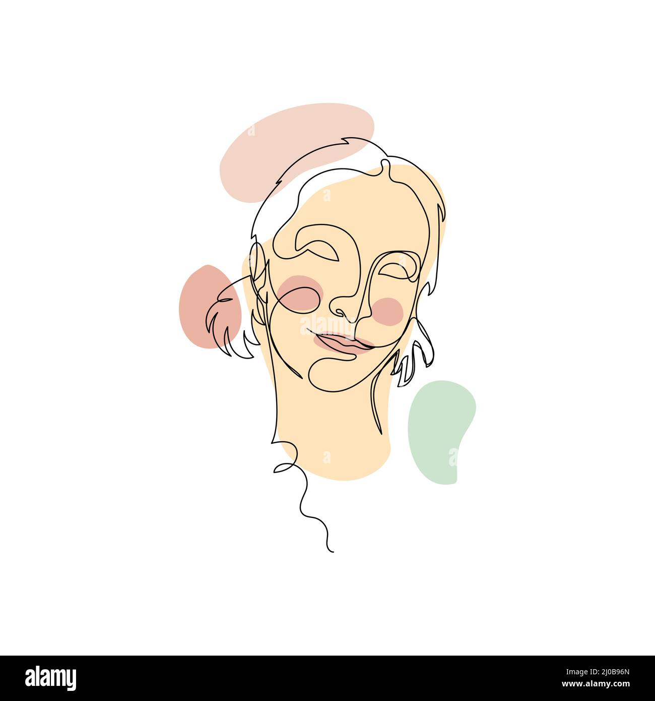 Female face single line drawing and pastel abstract shapes composition ...
