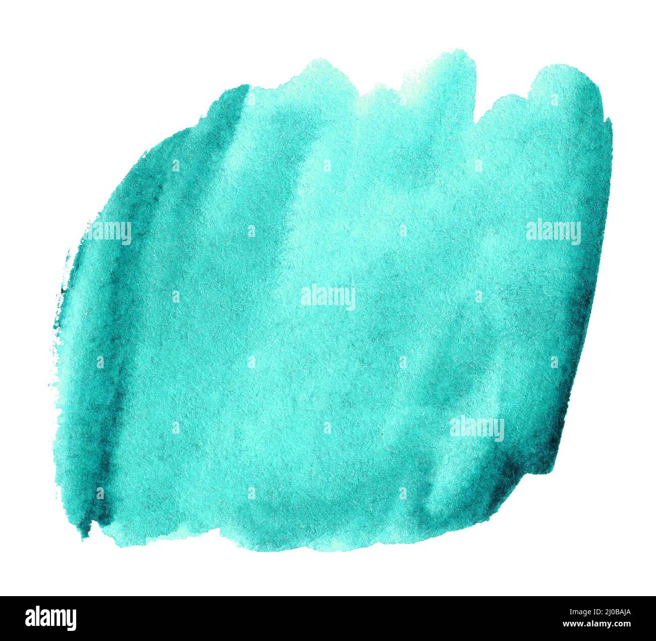 Turquoise watercolor hand drawn stain on white paper grain texture ...