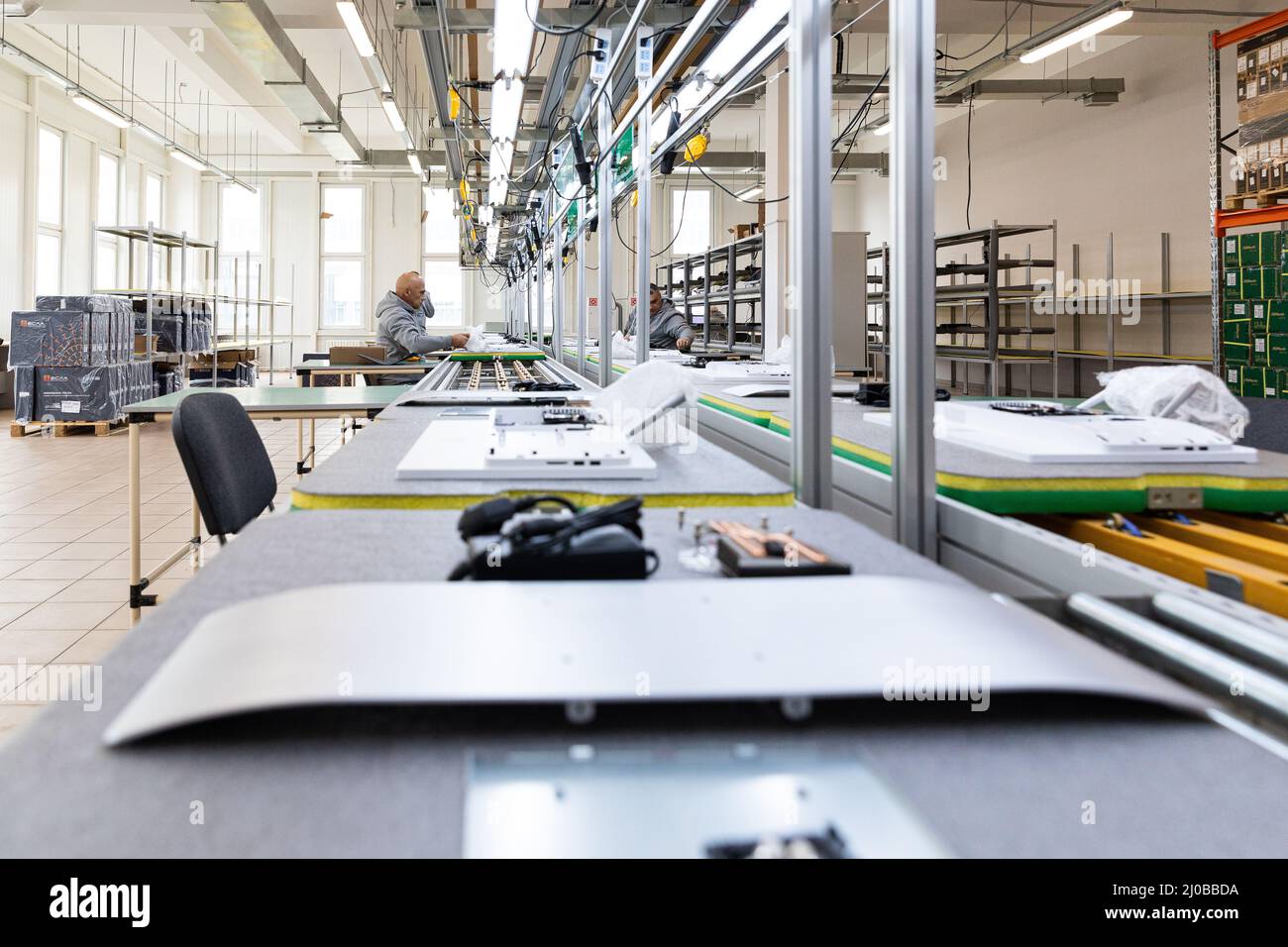 Minsk, Belarus - Dec 15, 2021: Close-up photo of a conveyor belt at a ...