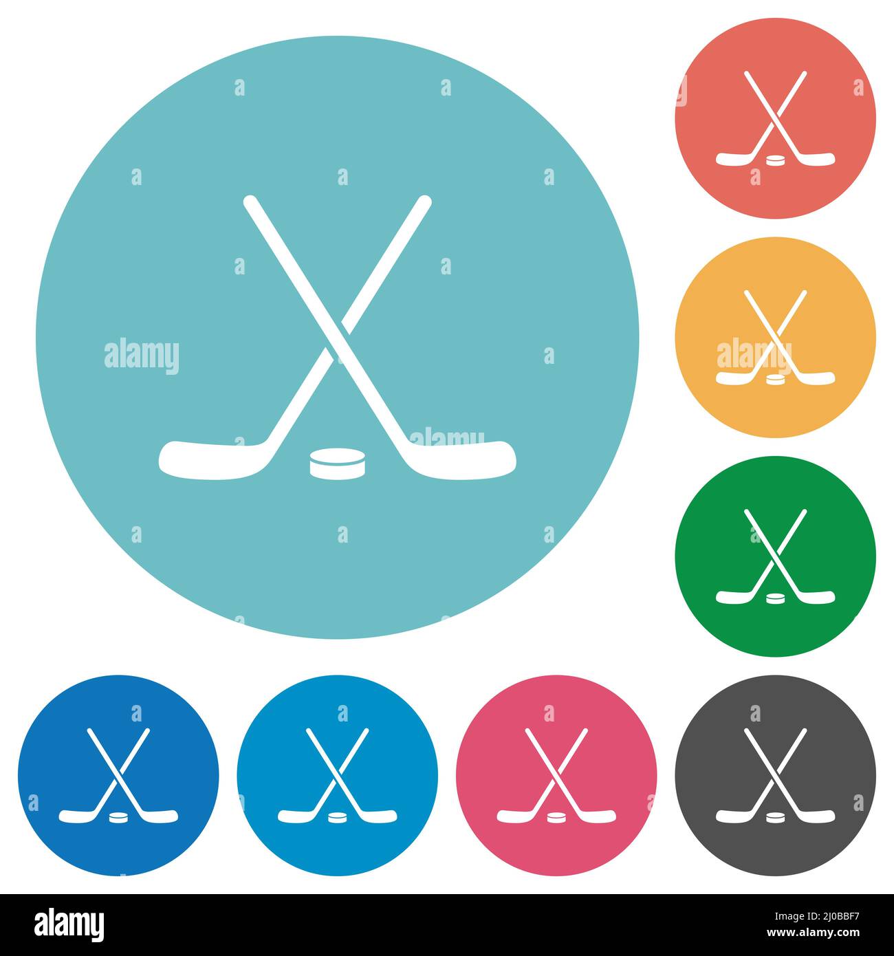 Hockey sticks with puck flat white icons on round color backgrounds ...