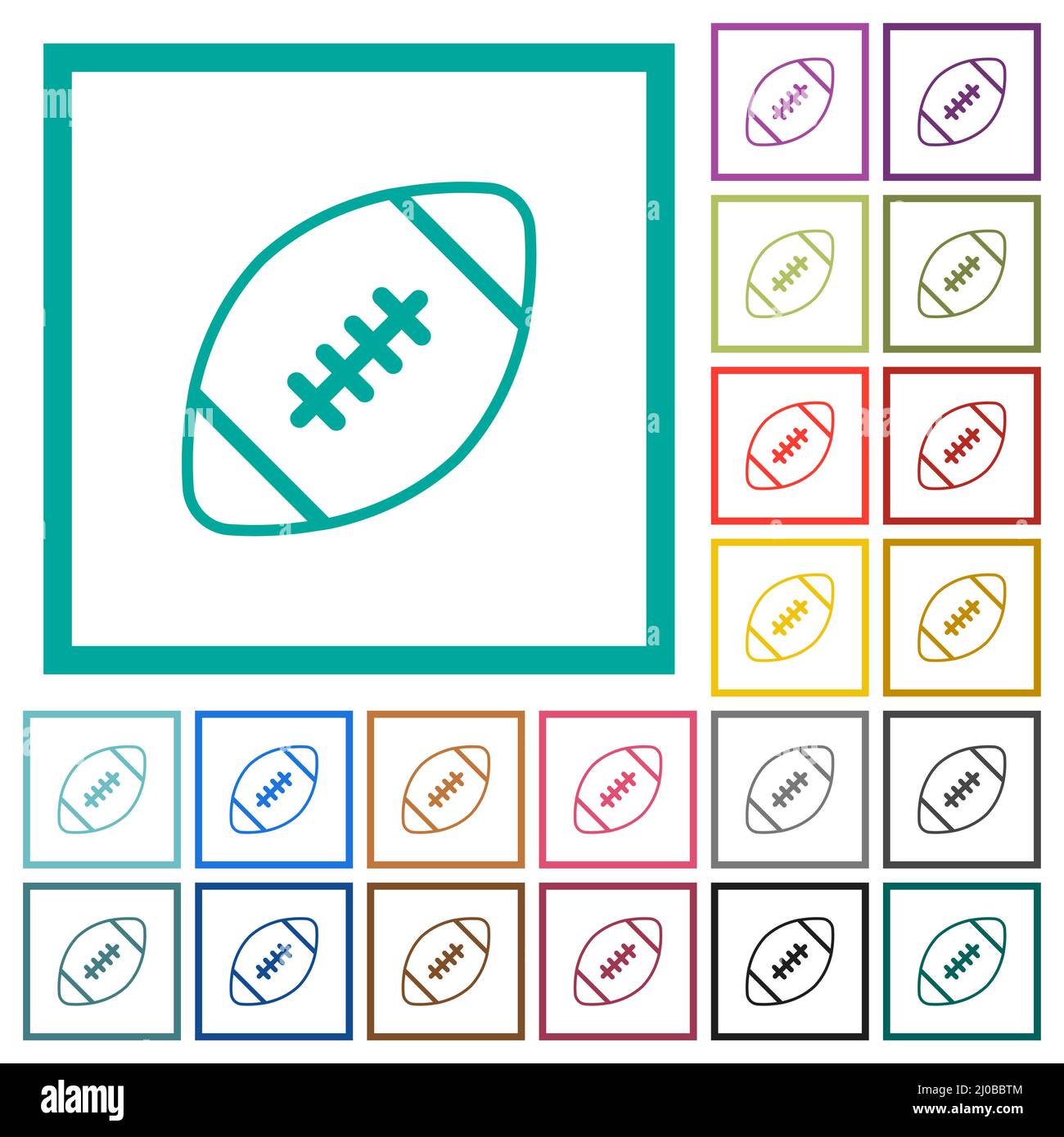 Rugby ball outline flat color icons with quadrant frames on white ...