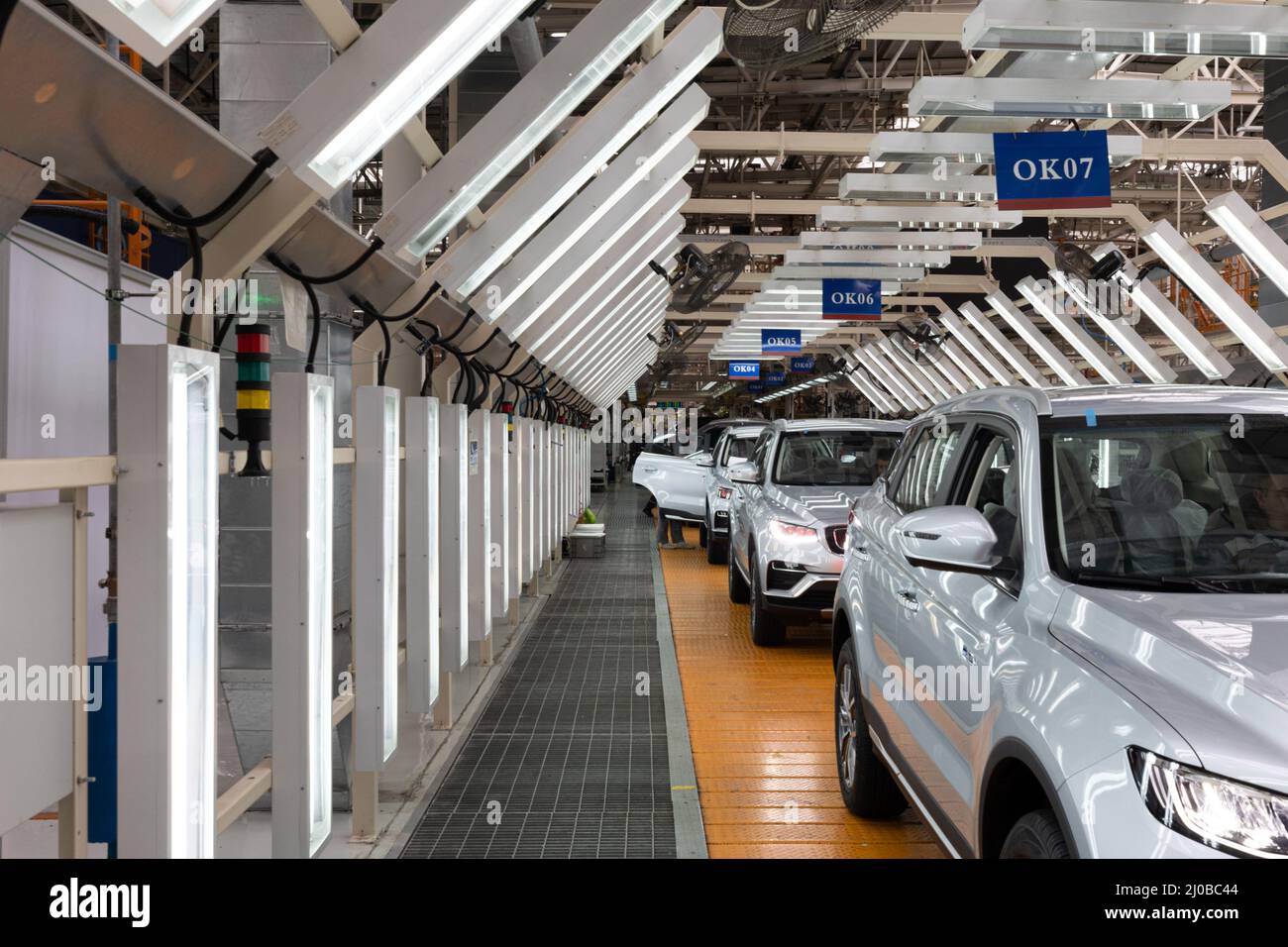 Automobile production line. Modern car assembly plant. Interior of a ...