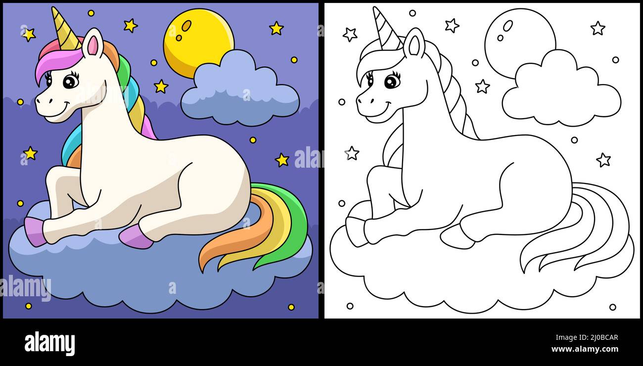 Unicorn Lying On The Cloud Coloring Page Stock Vector Image & Art - Alamy