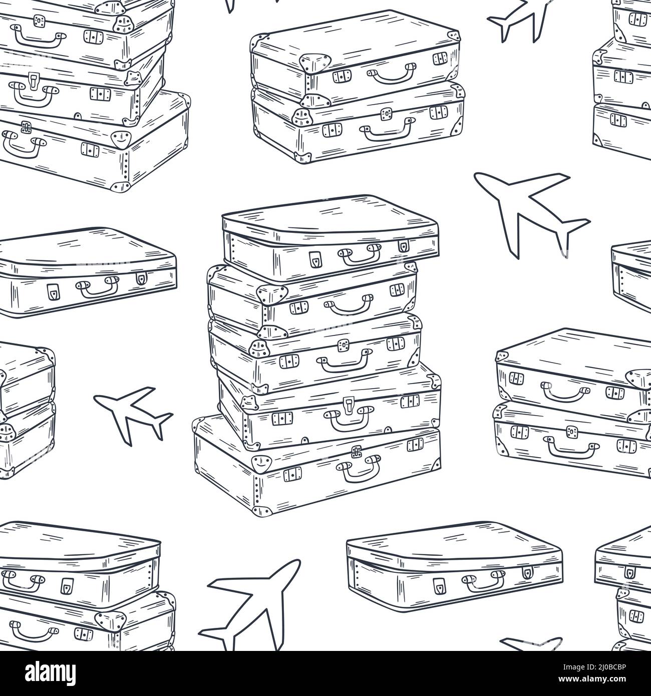 Travel and tourism seamless pattern with suitcases and planes. Sketch ...