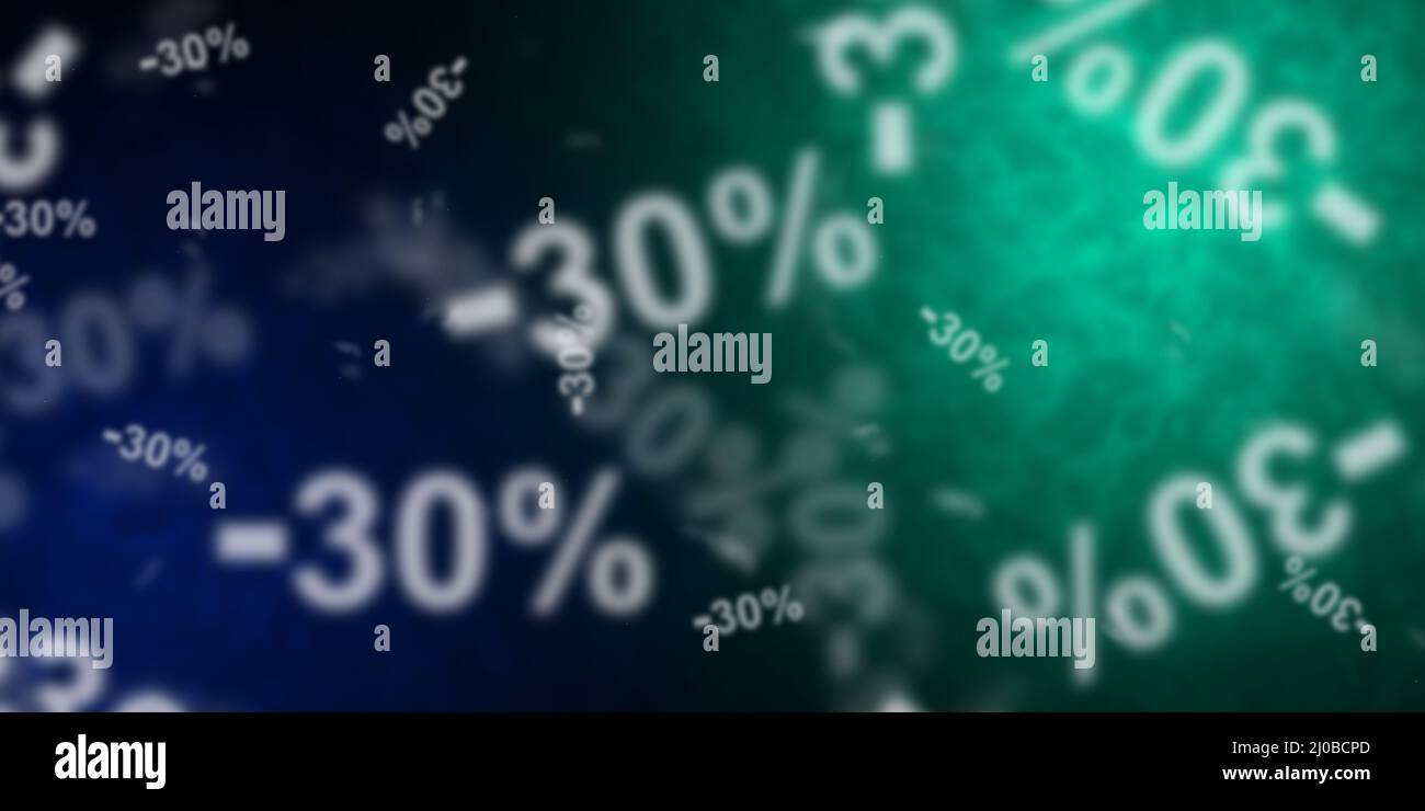 Flying -30% discount symbols over dark blue and light green background ...