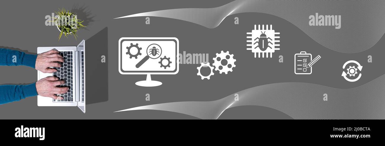 Top view of hands using laptop with symbol of software testing concept ...