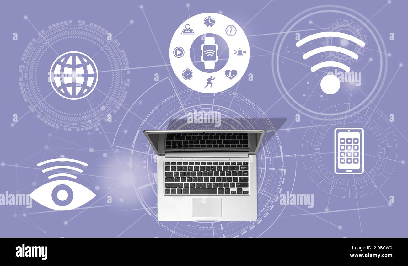 Top view of laptop with symbol of wearable technology concept Stock ...