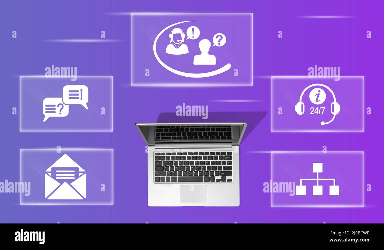 Top view of laptop with symbol of customer support concept Stock Photo ...