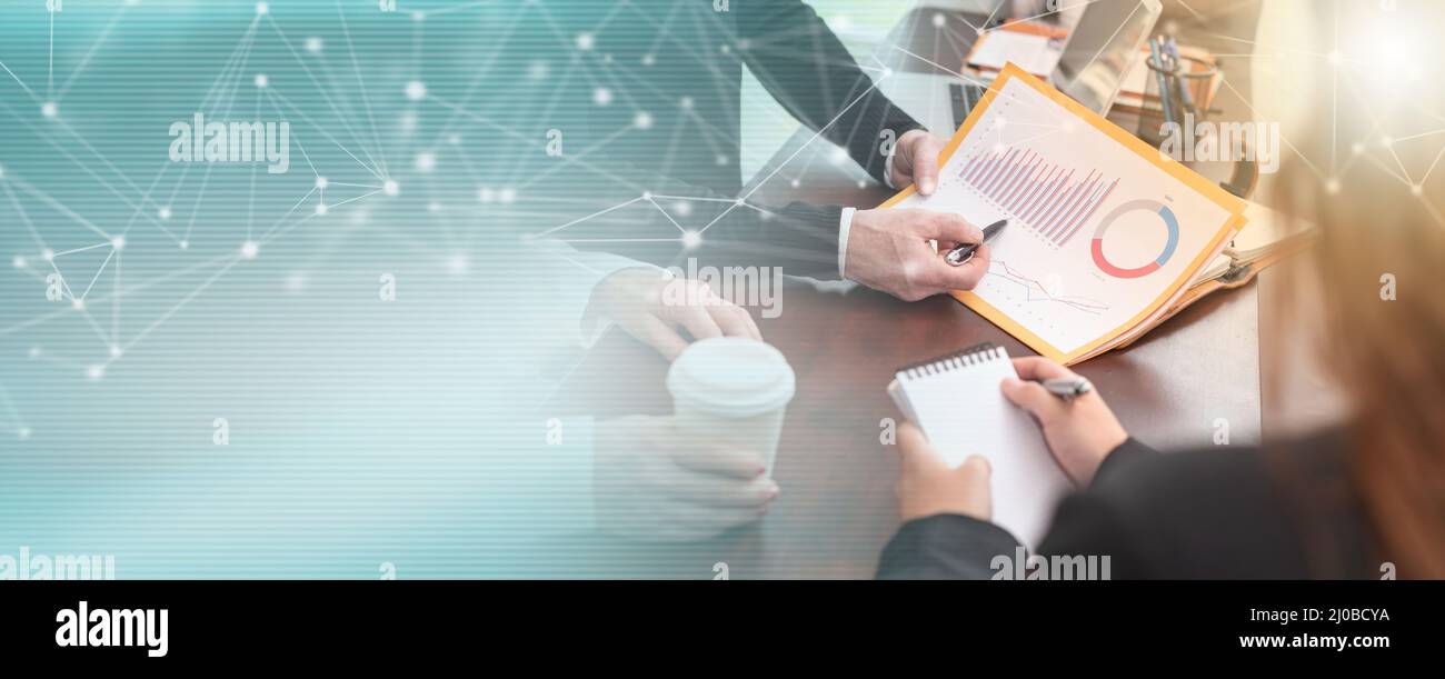 Group of three people working together. teamwork concept; panoramic ...