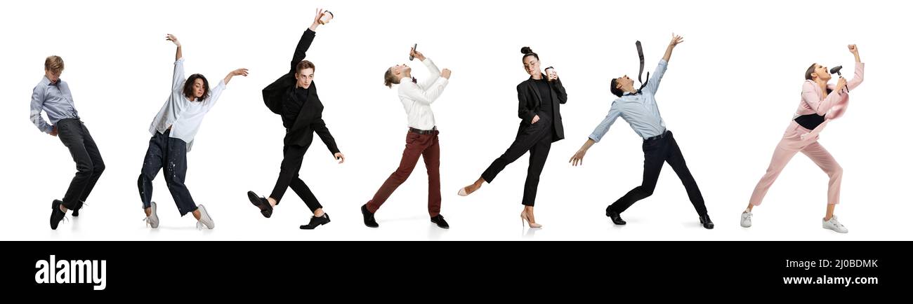 Happy young office workers dancing in business style outfits, clothes ...