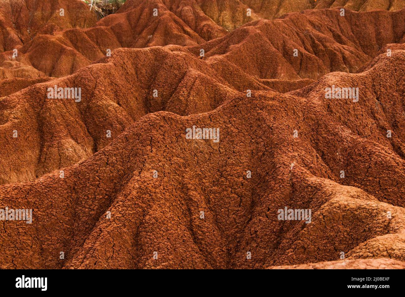 Closeup of Drought red orange sand stone rock formation in Tatacoa ...