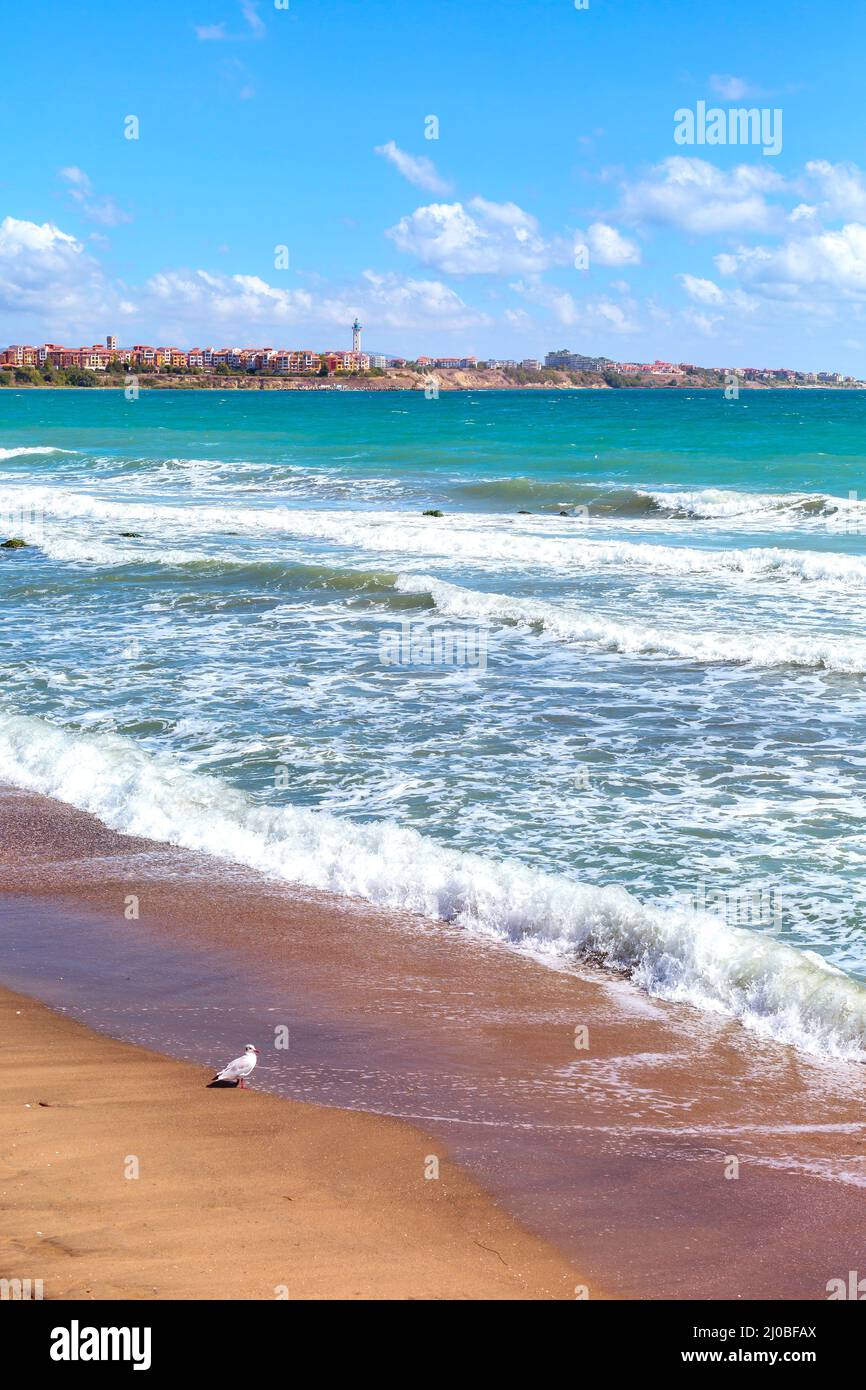 Sandy beach on the spit between Pomorie and Aheloy, Bulgaria Stock ...